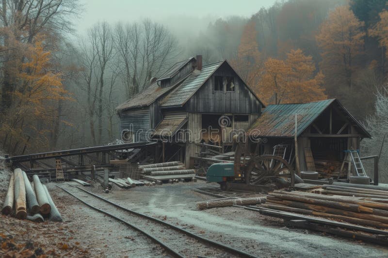 Sawmill, Sawmill Buildings with Equipment with Logs in the Forest Stock ...