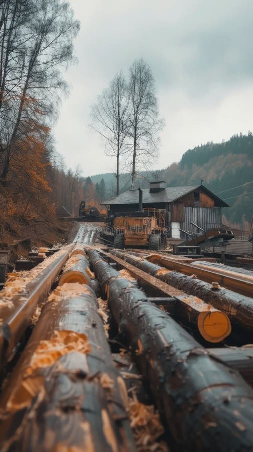 Sawmill, Sawmill Buildings with Equipment with Logs in the Forest Stock ...