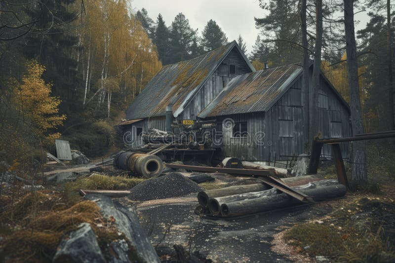 Sawmill, Sawmill Buildings with Equipment with Logs in the Forest Stock ...