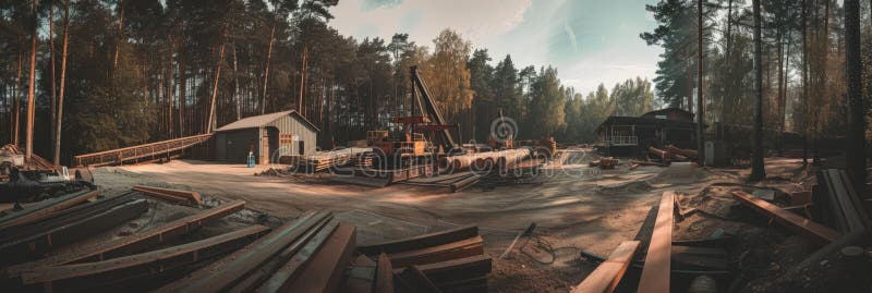 Sawmill, Sawmill Buildings with Equipment with Logs in the Forest Stock ...