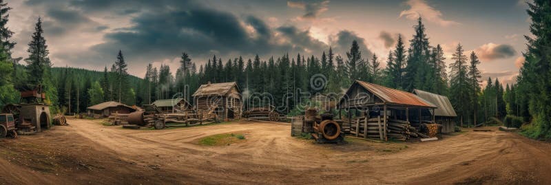 Sawmill, Sawmill Buildings with Equipment with Logs in the Forest Stock ...