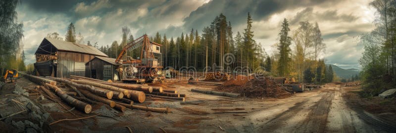 Sawmill, Sawmill Buildings with Equipment with Logs in the Forest Stock ...