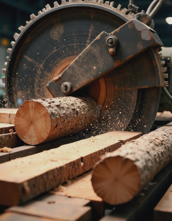 Sawmill Log Carriage Loaded with Fresh Logs Under a Roaring Circular ...