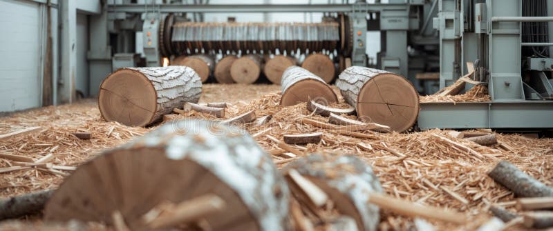 Sawmill Processing Freshly Cut Logs into Lumber with Wood Chips Stock ...
