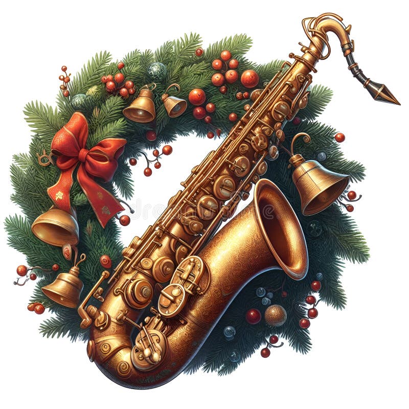 A Saxophone with a Christmas Wreath and Bells on White Background ...