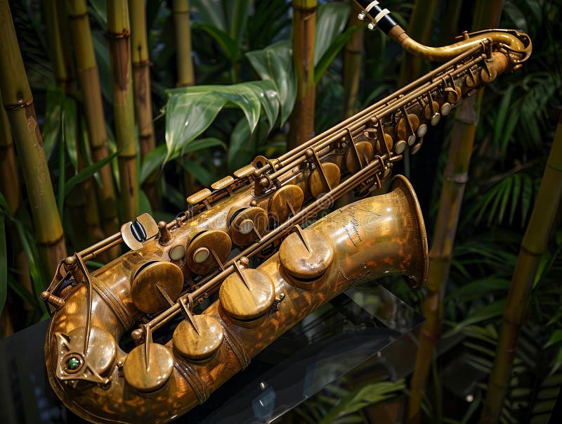 A Saxophone is on Display in Front of Bamboo Plants Stock Photo - Image ...