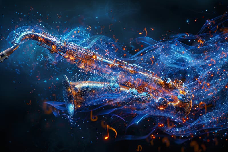 Saxophone Emitting Musical Notes and Symbols on Dark Background ...