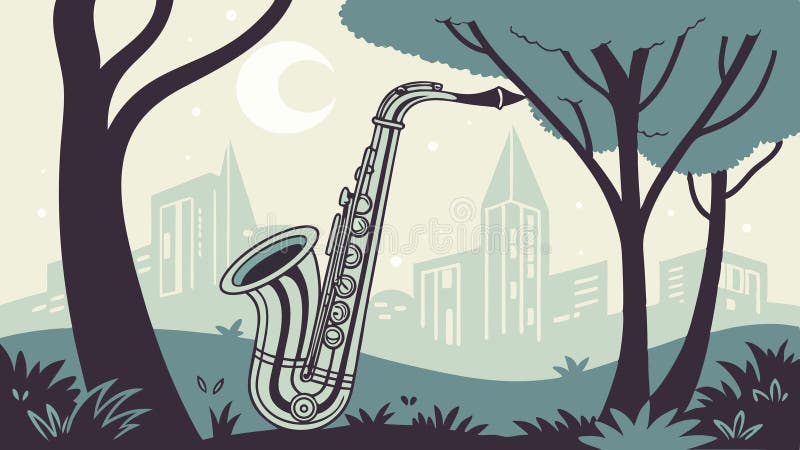 Saxophone in a Forest Setting with Distant Cityscape Vector Art, Vector ...