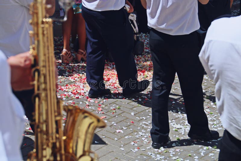 Parade of the Marching Band Playing through the Streets of a Town at ...