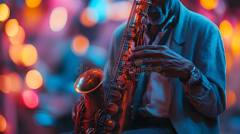 Saxophone Player in Neon Lights - Realistic Image Stock Photo - Image ...