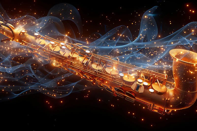 Saxophone Producing Music Notes and Symbols on Dark Background, a ...