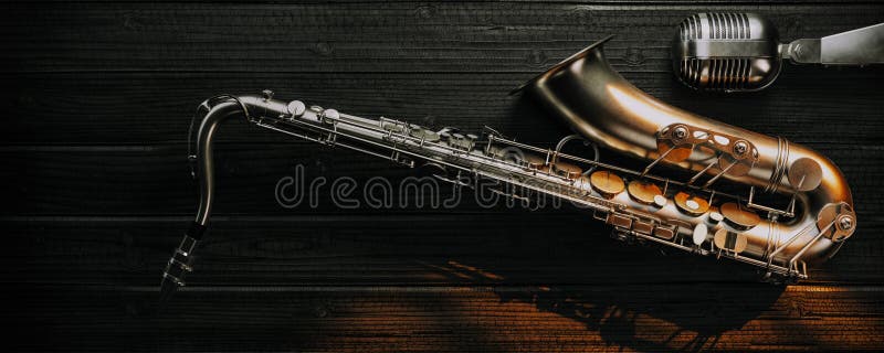 Saxophone Top View on a Black Wooden Stock Illustration - Illustration ...