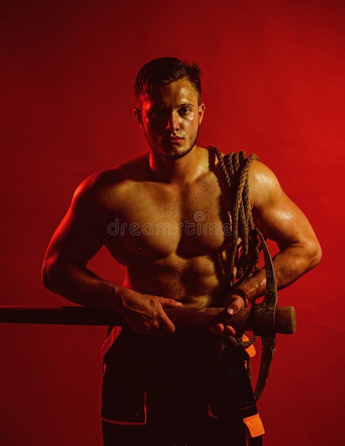He Says it is Under Construction. Hard Worker with Muscular Torso Stock ...