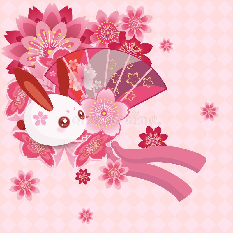 Rabbit and Sakura Japanese Fan Pink Seamless Background, Cute Red Ears ...
