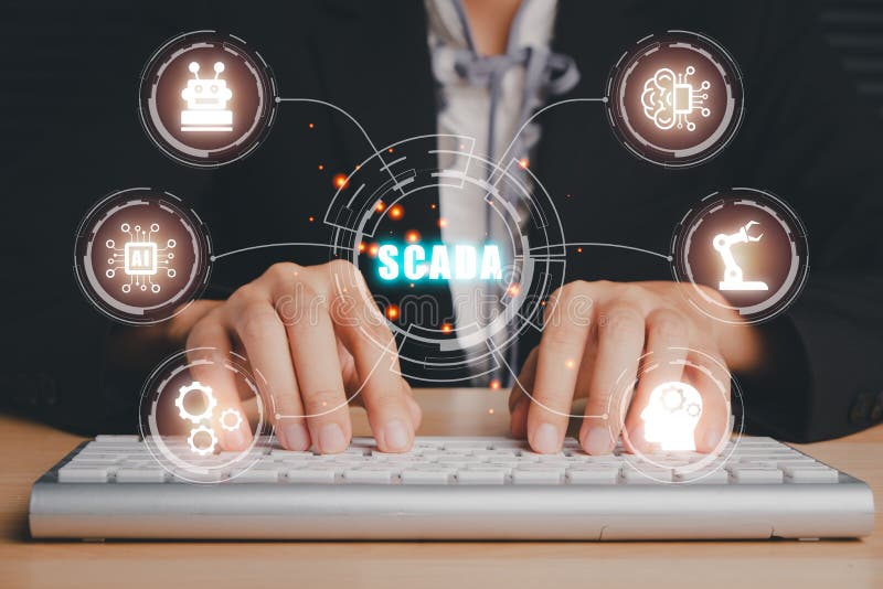 Woman Hand Typing on Keyboard Computer with SCADA Icon on Virtual ...