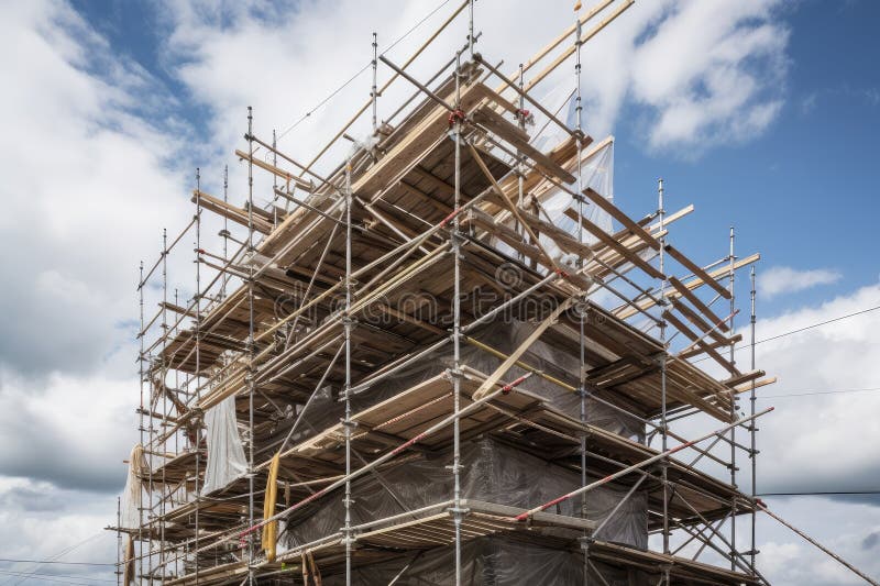 A Scaffold in the Process of Being Raised, with Ropes and Metal Hooks ...