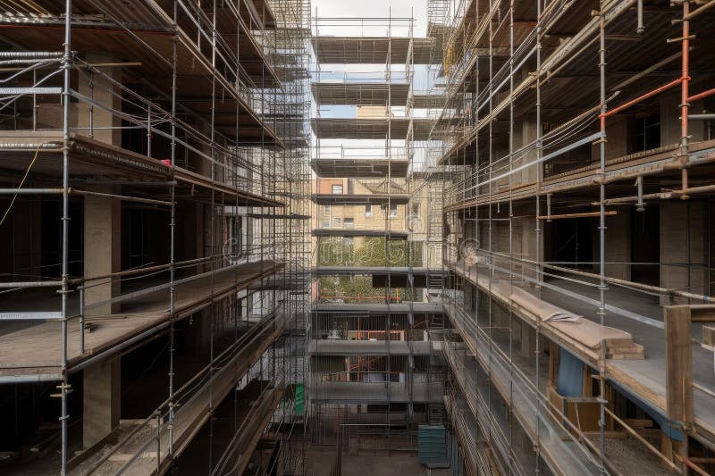 Scaffold with View of Construction Site, with Builders Working on the ...