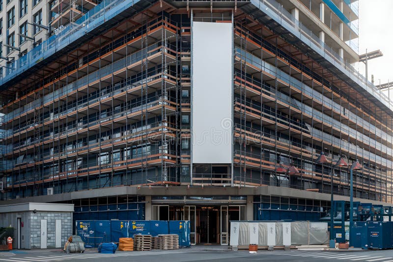 Scaffolded Building Features White Banner Amid Active Construction ...