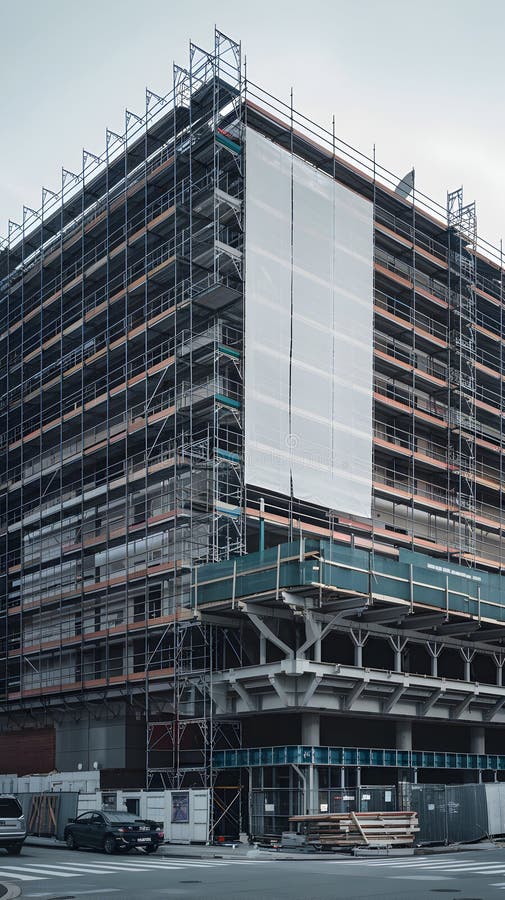 Scaffolded Building Features White Banner Amid Active Construction ...