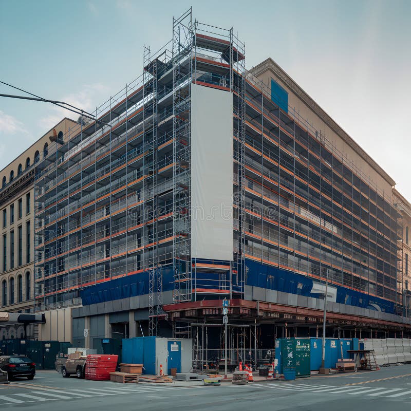 Scaffolded Building Features White Banner Amid Active Construction ...