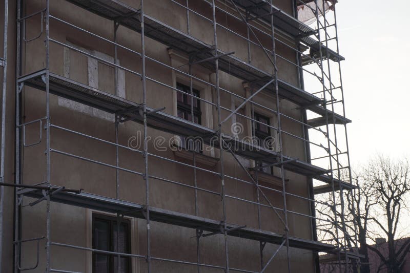 Scaffolding Around the Old Building Renovation Facade Stock Photo ...