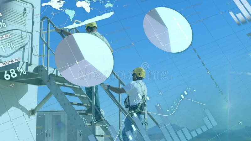 On Scaffolding, Construction Workers Analyzing Data Charts and Graphs ...