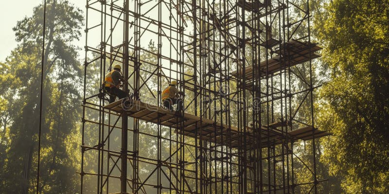 Scaffolding Construction Workers on High Wall Surrounded by Trees Stock ...