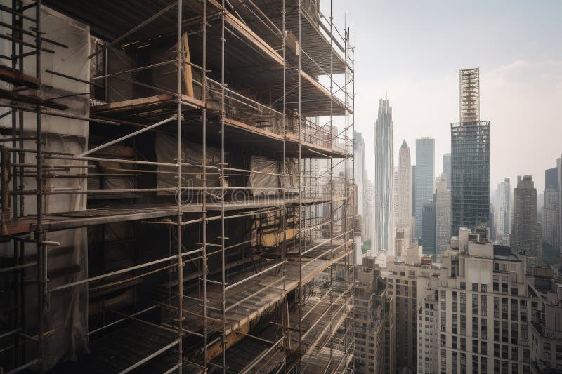 Scaffolding in Front of Towering Skyscraper, with Cityscape in the ...