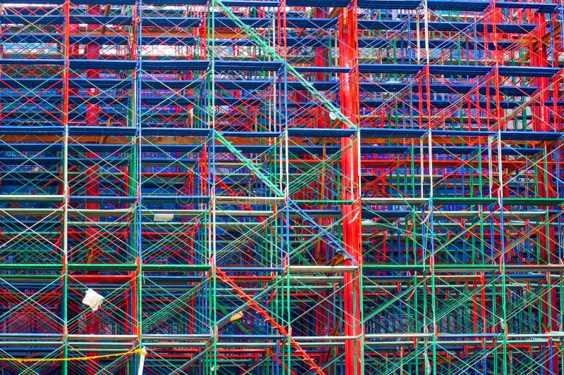 Scaffolding Red Blue on a Construction Site of a New Building Stock ...