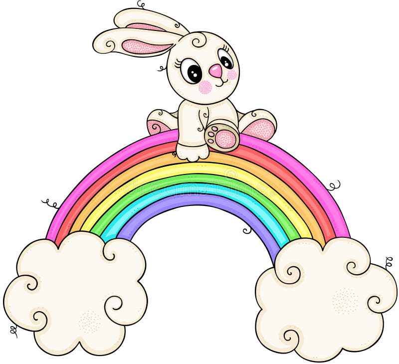 Cute Bunny on Rainbow with Clouds Stock Vector - Illustration of cloud ...