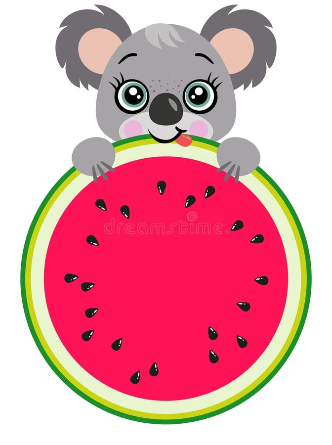 Cute Koala Eating Watermelon Slice Stock Illustration - Illustration of ...