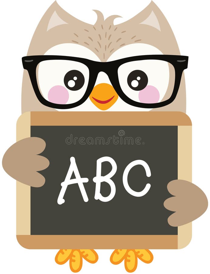 Owl Teacher Holding a School Blackboard with Abc Written Stock ...