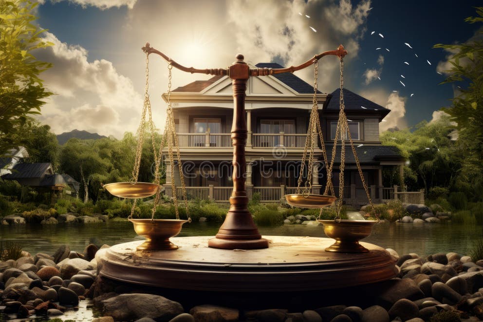 Scale Balance in Front of House with Lake in Front of it. Generative AI ...