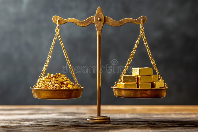 A Classic Balance Scale with Gold Bars on One Side and a Stack of Cash ...
