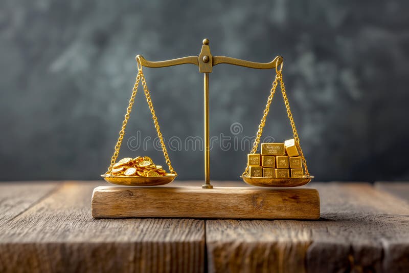 A Classic Balance Scale with Gold Bars on One Side and a Stack of Cash ...