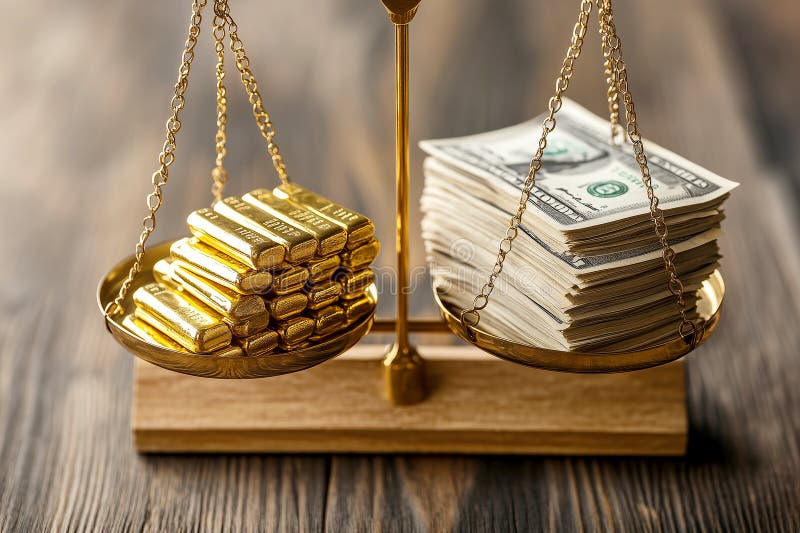 A Classic Balance Scale with Gold Bars on One Side and a Stack of Cash ...