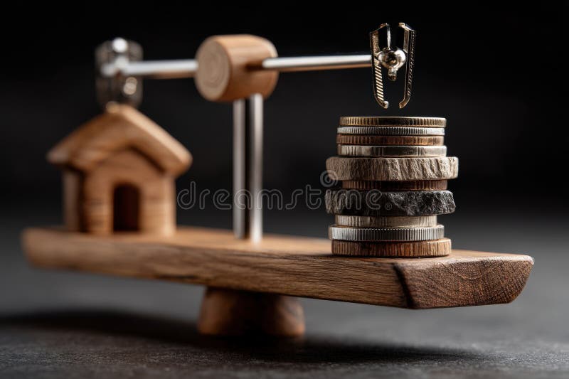 A Scale Holding a Small House and Various Coins on it Stock Image ...