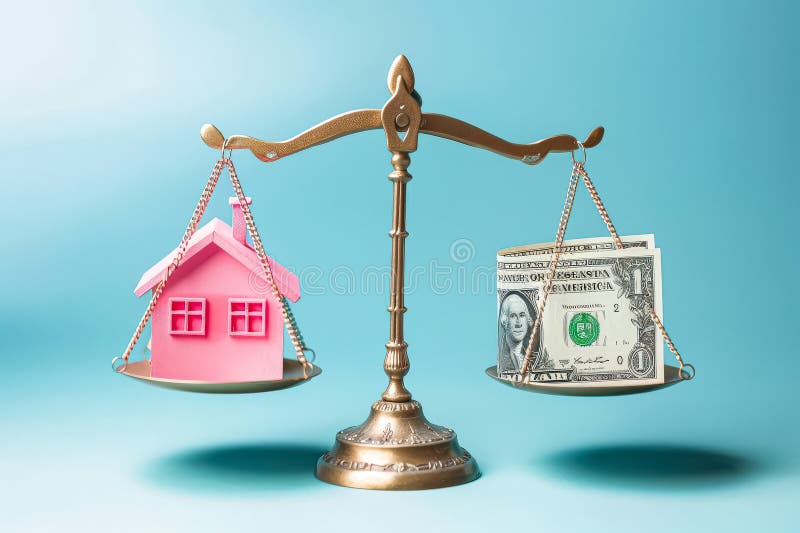 Scale with a House on One Side and a Stack of One Dollar Bills on the ...