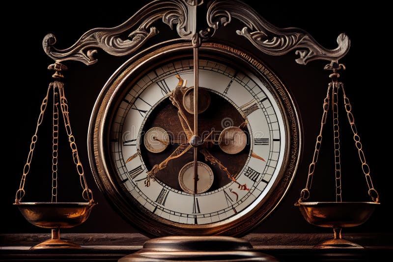 Scale of Justice, with Clock in the Background, Symbolizing Time and ...