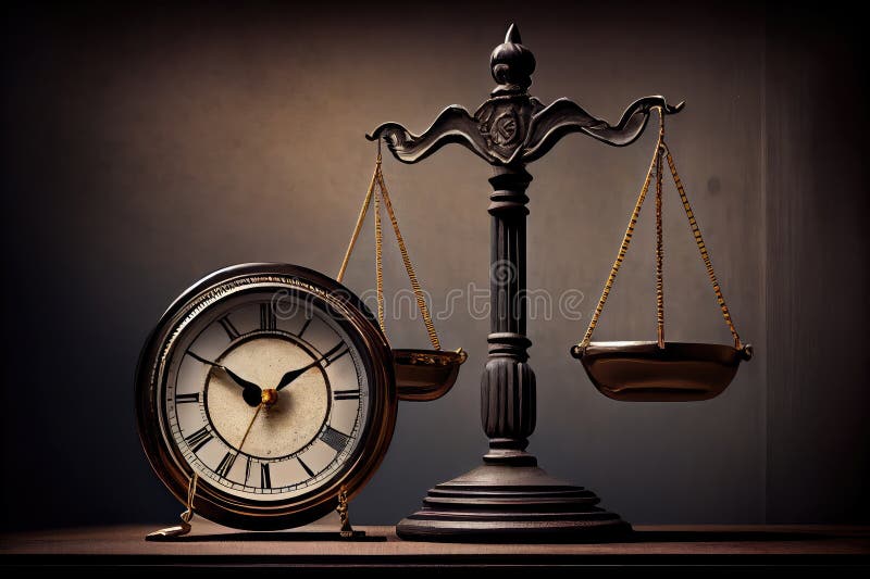 Scale of Justice, with Clock in the Background, Symbolizing Time and ...