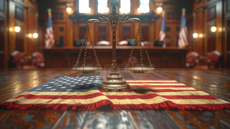 A Scale of Justice Rests on an American Flag in a Courtroom Stock ...