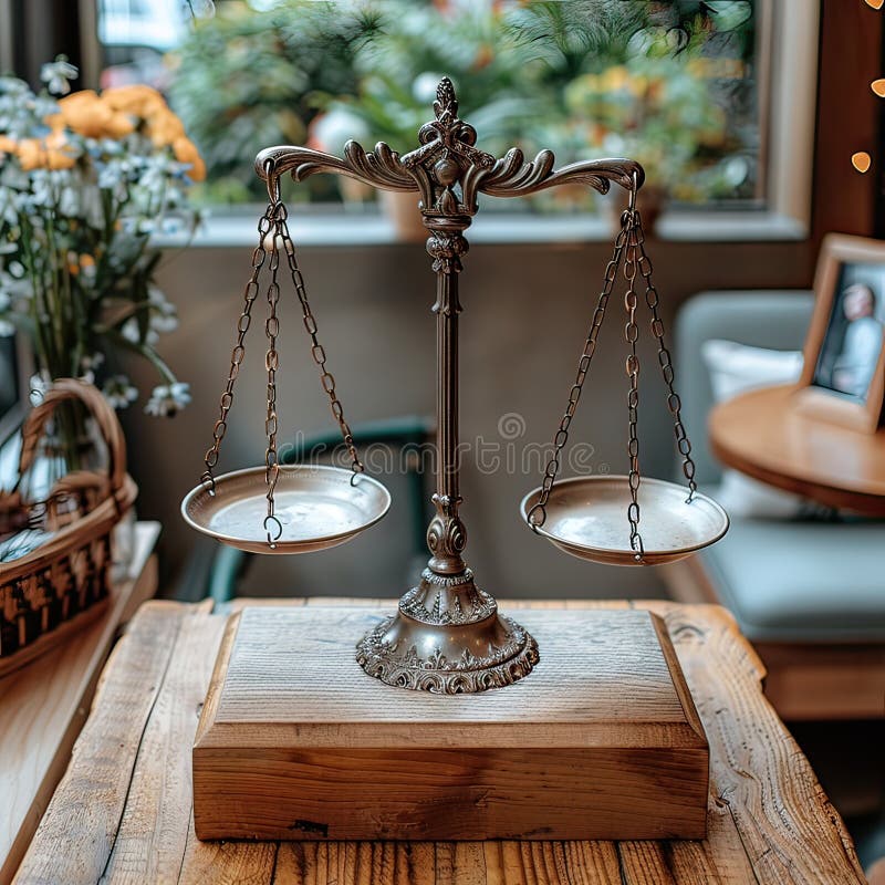 A Scale of Justice Sits on a Wooden Table in an Interior Design Setting ...