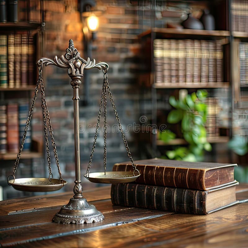 A Scale of Justice on a Table Next To a Stack of Books Stock Photo ...