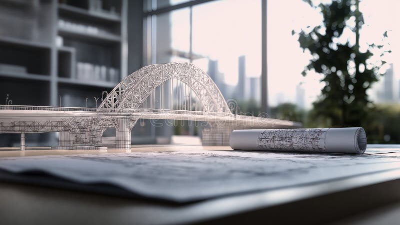 Scale Model of a Bridge is Sitting on Top of Blueprints on a Desk in an ...
