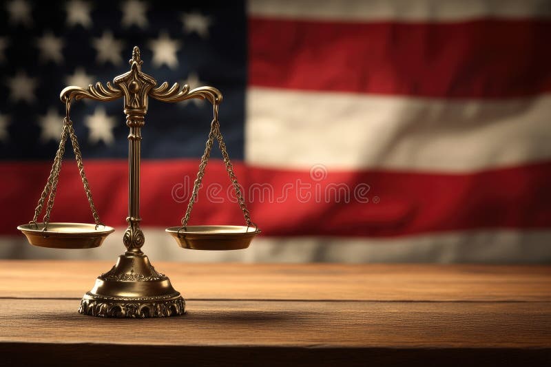 A Scale is Placed on a Wooden Table in Front of an American Flag Stock ...