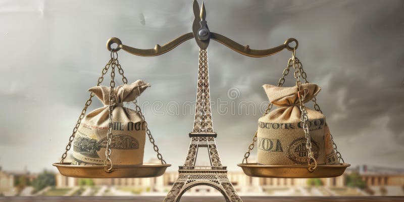 A Scale with Two Bags of Money on it in Front of the Eiffel Tower ...