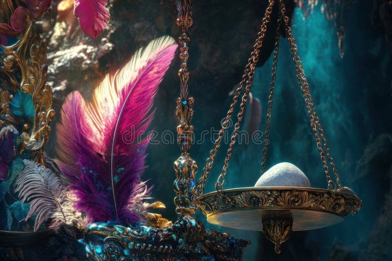 A Scale with a White Object on it and a Feather on the Left Side Stock ...