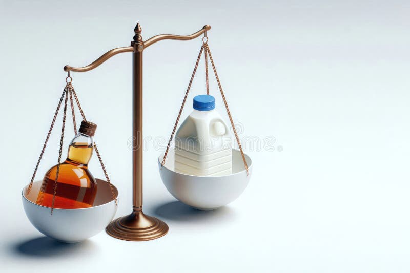 Scales with a Bottle of Alcohol and Milk. Space for Text. Stock Photo ...