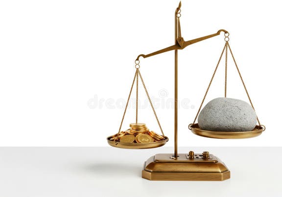 Scales with Gold Coins and Stone. Space for Text. Stock Image - Image ...