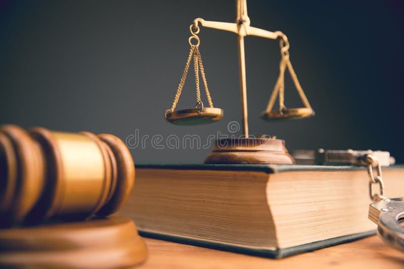 Scales, Hammer and Handcuffs Stock Photo - Image of dark, courthouse ...